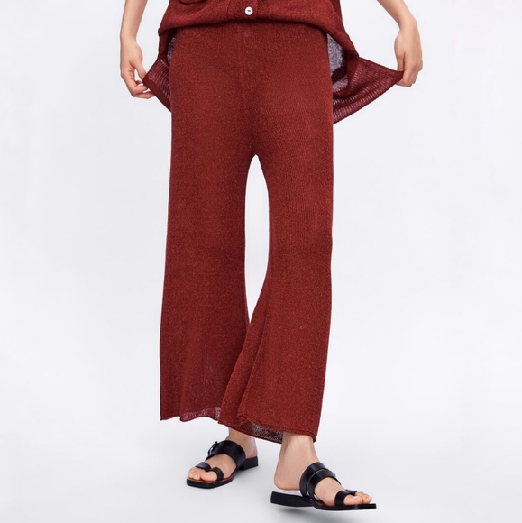 Zara | Pants & Jumpsuits | Zara Knit Linen Blend Wide Leg Culottes Rust ...